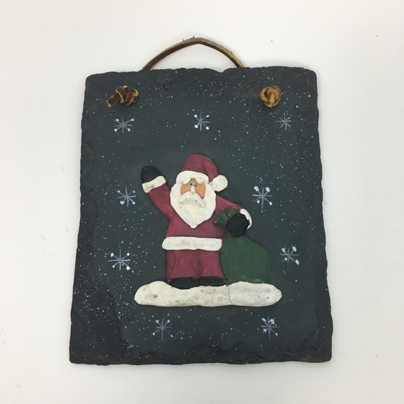Holiday | Hanging Slate Tile Santa Plaque Rawhide Accent Snowflakes 3d ...